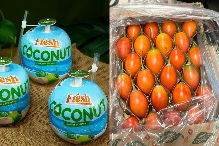"Tamarillo, frutto della passione e noci di cocco da bere mostrano un ...