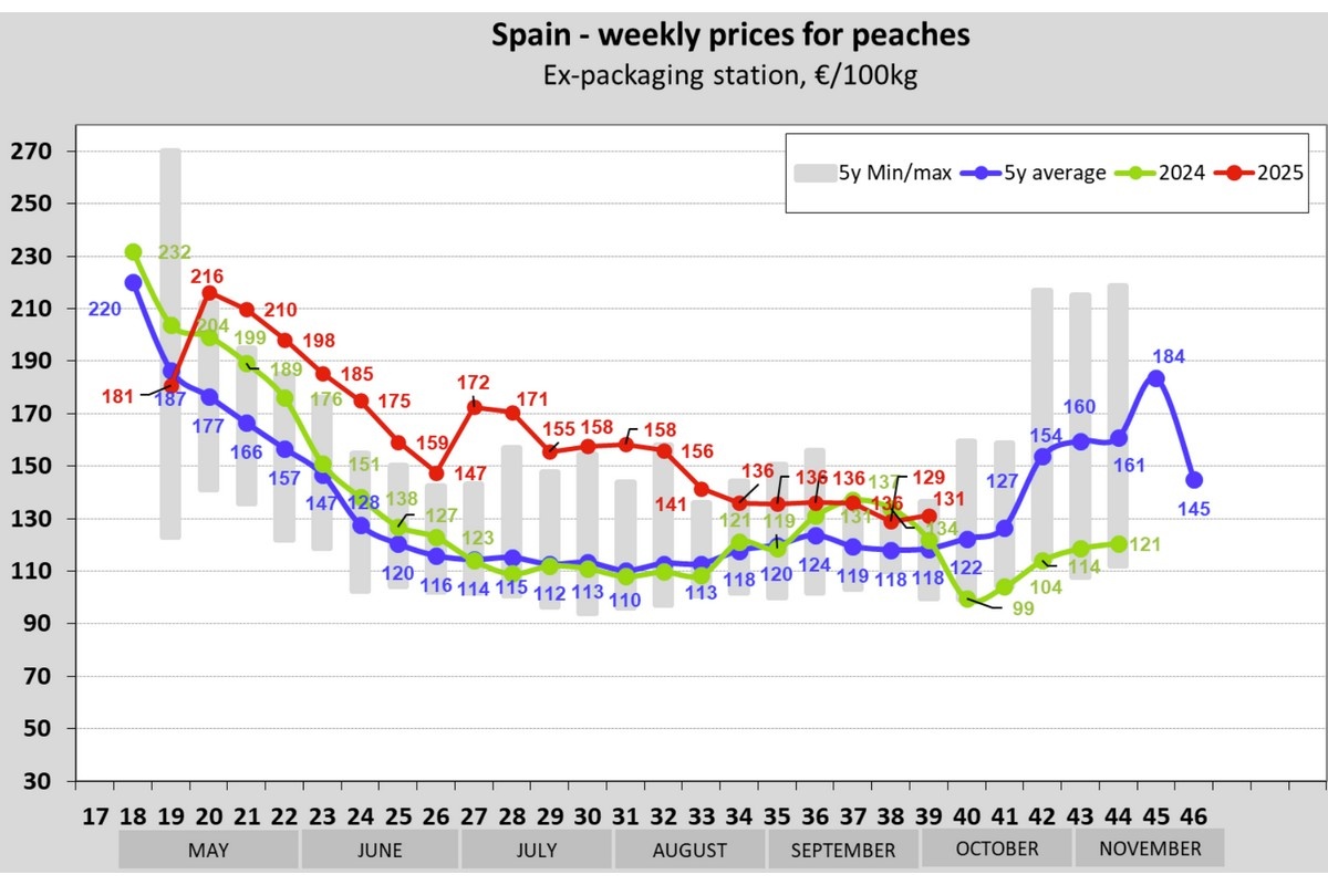 Spanish peaches at €131/100 kg, Greece at €169